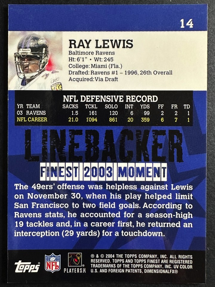 Ray Lewis 2004 Topps Finest Football Card Baltimore Ravens #14 | eBay