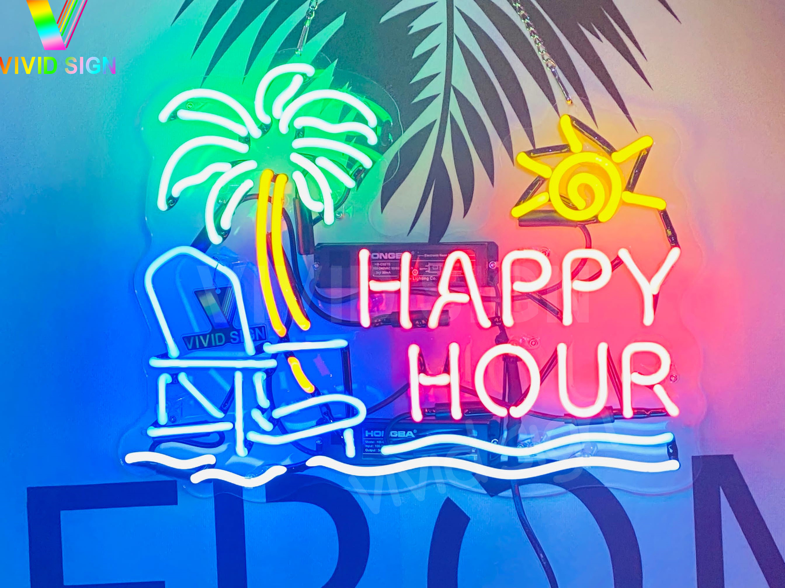 Happy Hour Palm Tree Beach Acrylic 17"x14" Neon Light Sign Lamp Bar ...