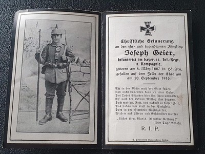 original german ww1 Death Card Joseph Heier 13ir fell 20 Sept 1916 ...