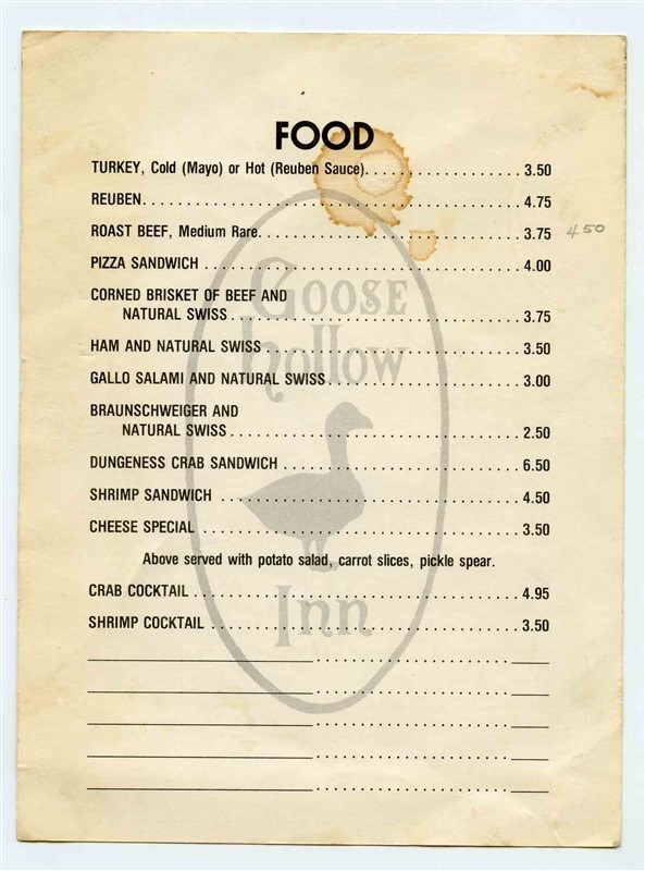 Goose Hollow Inn Menu S W Jefferson Portland Oregon 1989 | eBay