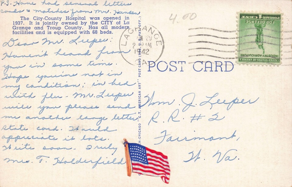 GA~GEORGIA~LAGRANGE~CITY-COUNTY HOSPITAL OPENED IN 1937~MAILED 1942 | eBay
