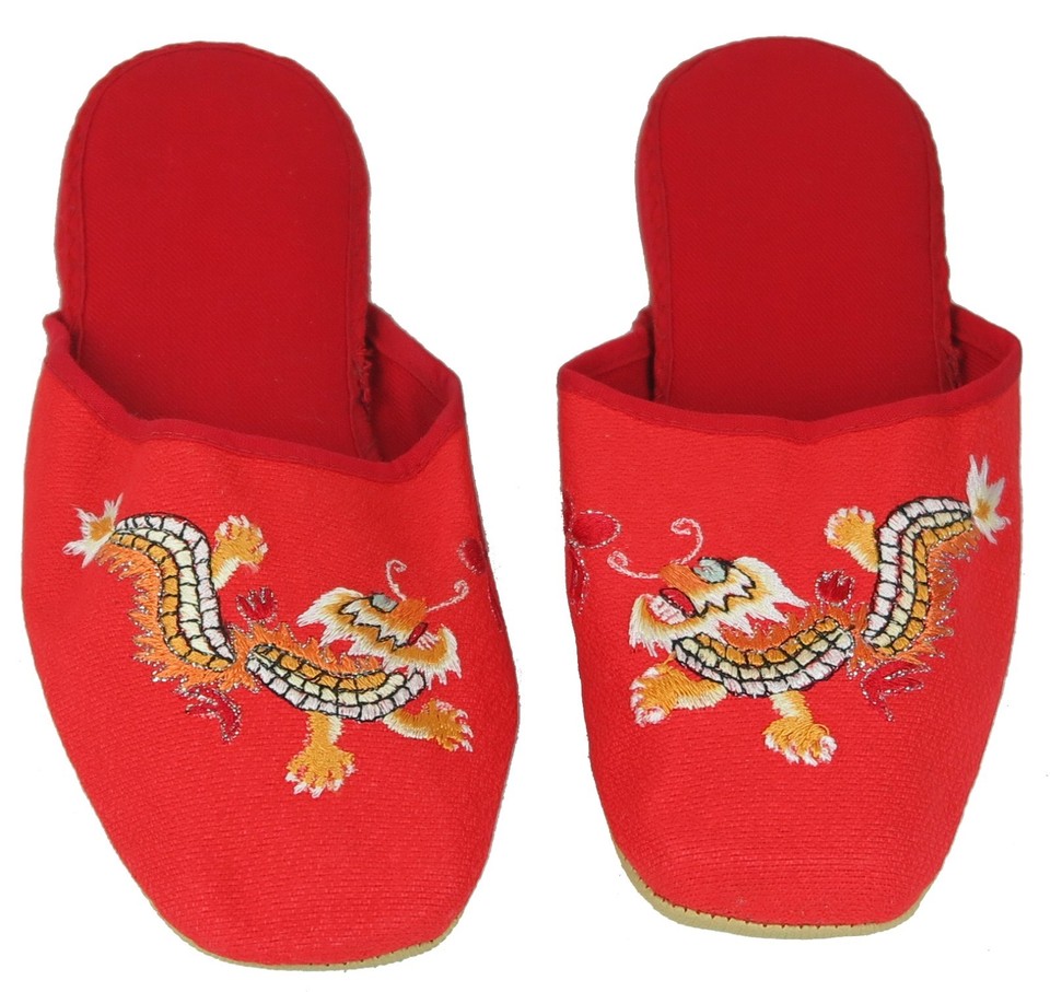 Handmade Embroidered Dragon Chinese Women's Cotton Slippers Red Black ...