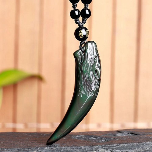 Natural Rainbow Obsidian Wolf Tooth Necklace Crystal Pendant with Bead ...