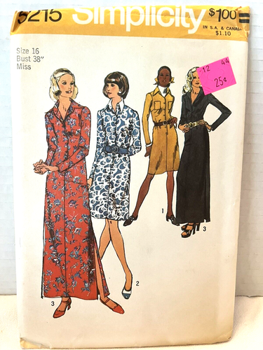 Simplicity #5215 1972 Miss Size 16 Dress in Two Lengths Sewing Pattern ...