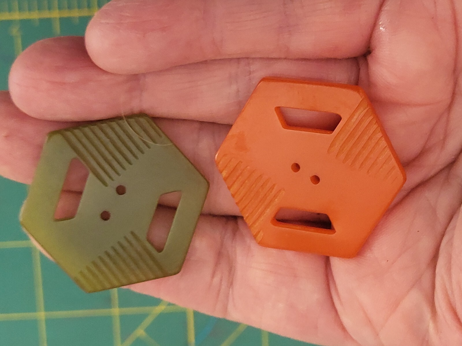 hexagonal Bakelite buttons carved 1 1/2" excellent 1 dk green 1 orange ...
