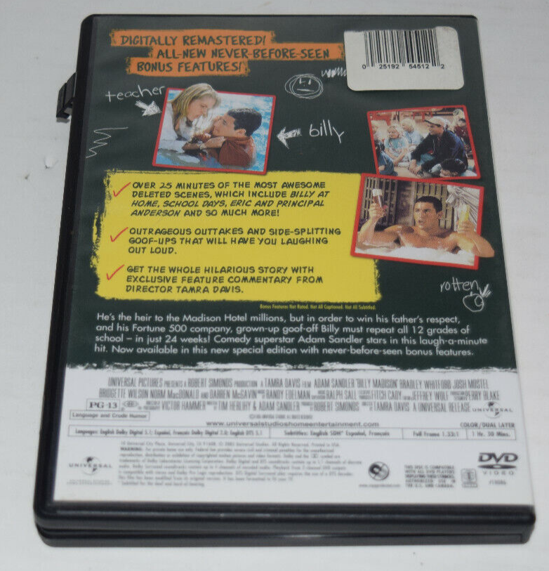 Billy Madison DVD Special Edition Full Screen Adam Sandler Comedy Movie ...