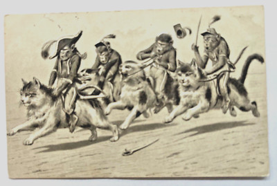Monkey Soldiers Ride Cats Vintage Postcard Fantasy Black and White | eBay