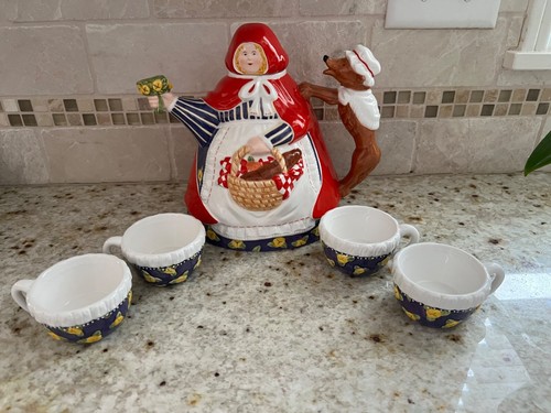 Department 56 "Little Red Riding Hood" Hand Painted Teapot with 4 Cups ...