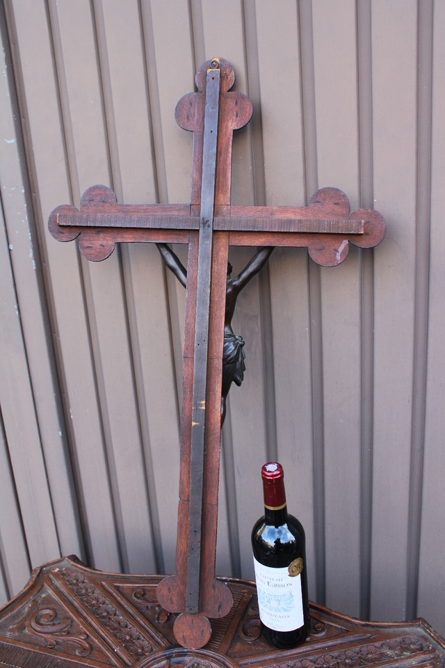 XL 31,4" Antique Flemish tramp art wood carved crucifix religious rare ...