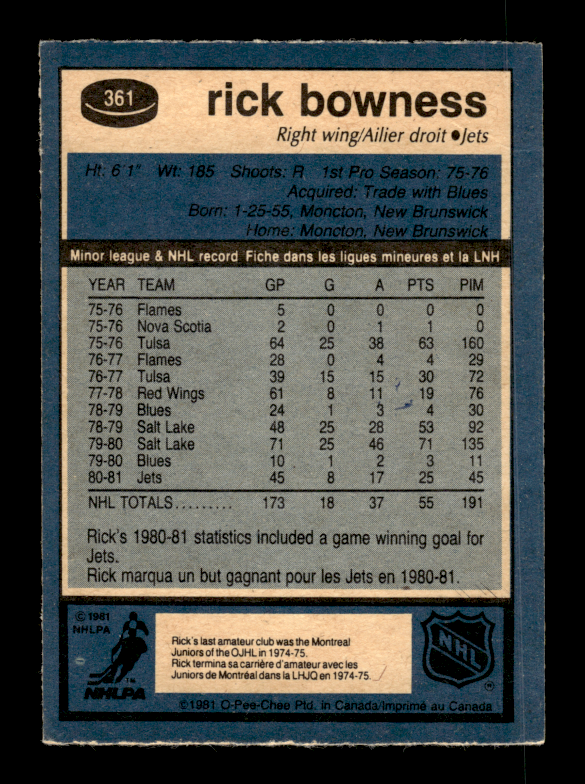 1981-82 O Pee Chee # 361 Rick Bowness Autograph Signed Card (M2 ...