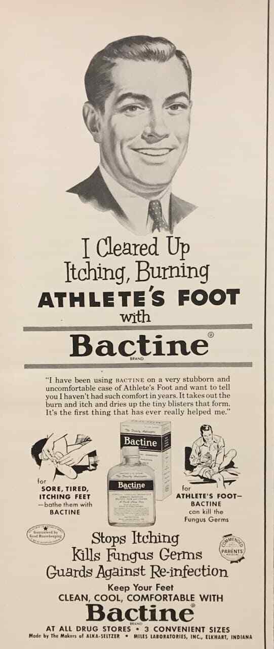 1953 Bactine Antiseptic PRINT AD I cleared Up Itching Burning Athlete's ...