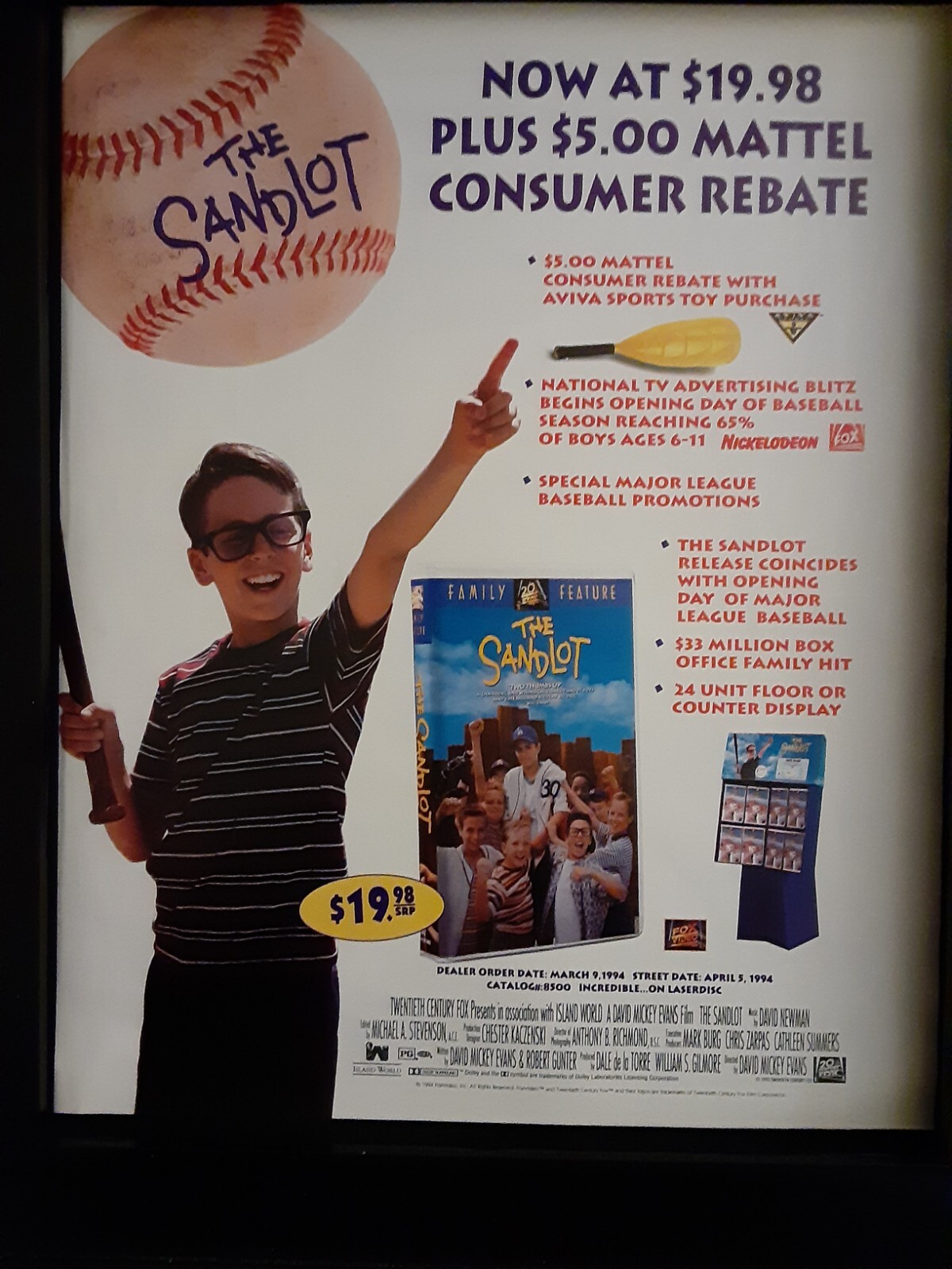 The Sandlot Rare Original VHS Promo Poster Ad Framed! | eBay
