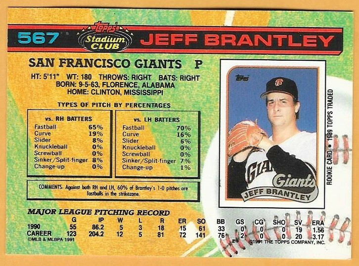 JEFF BRANTLEY SAN FRANCISCO GIANTS #567 - TOPPS STADIUM CLUB NM-MT 1991 ...