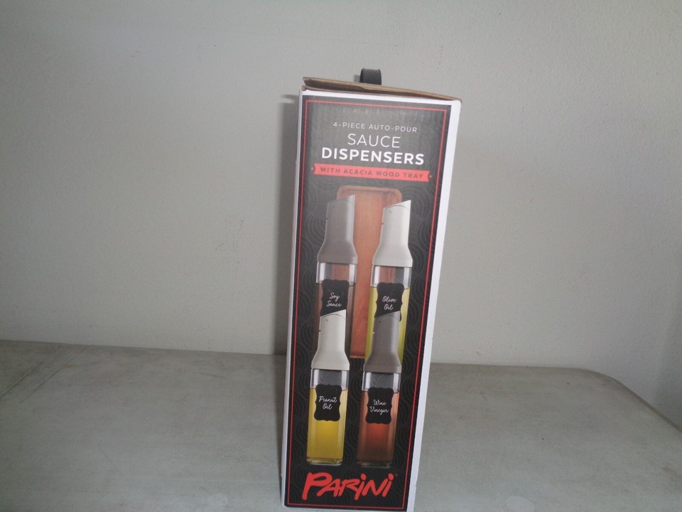PARINI 4PC AUTO-POUR SAUCE DISPENSERS WITH WOOD TRAY, NIB | eBay