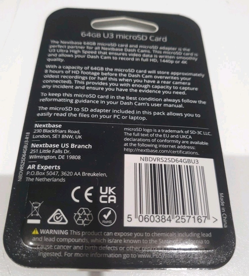Genuine Nextbase Dash Cam Micro SD Memory Card 64GB U3 New Sealed HD ...