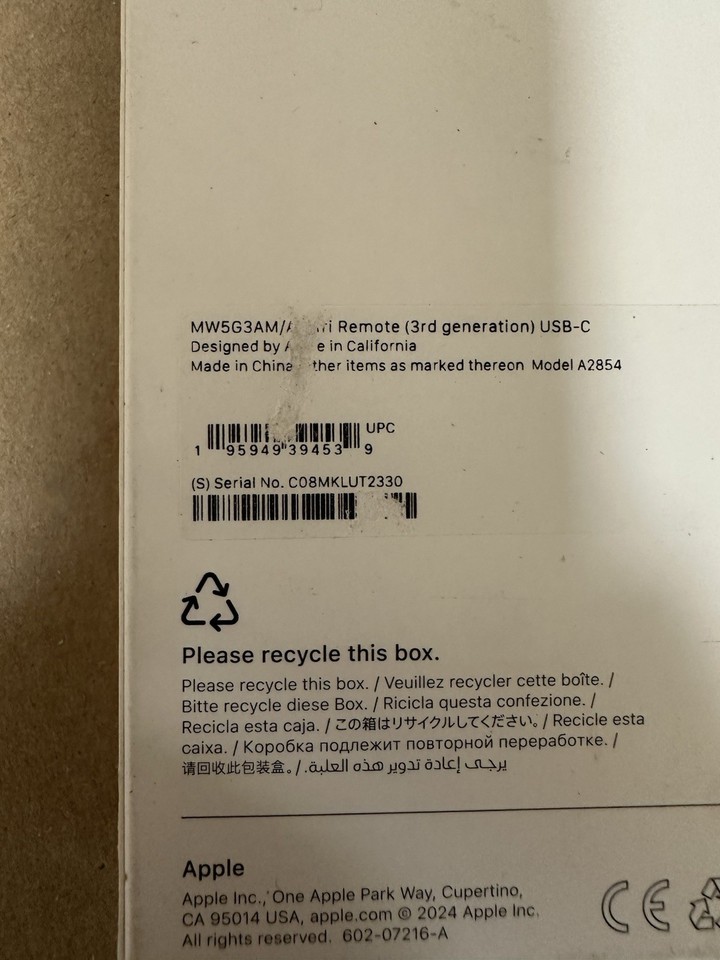 Apple TV Siri Remote 3rd Generation MW5G3AM/A Silver USB-C in Original ...