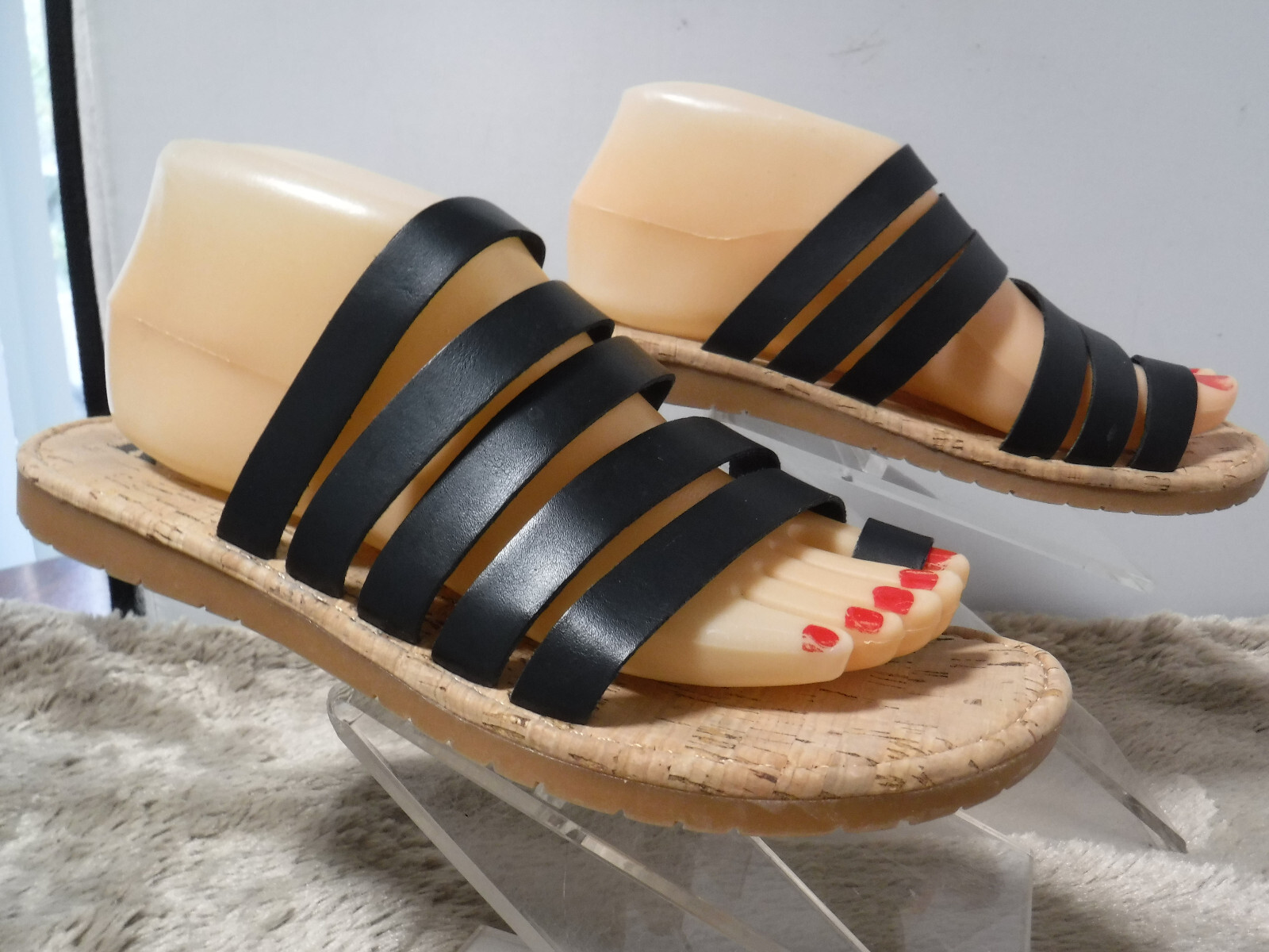 GA12 KORKS Khela Black Toe Ring Strappy Thong Flat Layered Straps ...