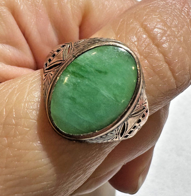 9K Yellow Gold Green Jade Jadeite Etched Vintage Antique Signet Ring Sz ...