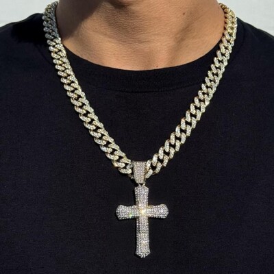 Men's Large Bling Cross Pendant & 12mm 24" Iced Out Cuban Chain Hip Hop ...