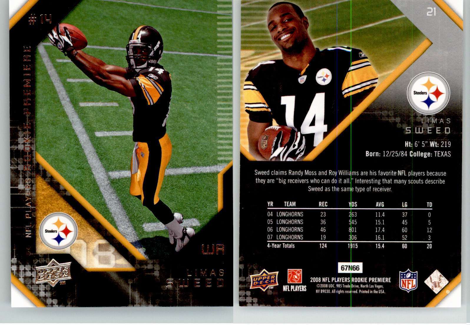 Limas Sweed 2008 Upper Deck Rookie Premiere #21 Steelers RC EX-NM | eBay
