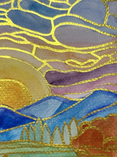 Watercolor Sunrise Painting Sunset Landscape Art Metallic Shimmer Gold ...