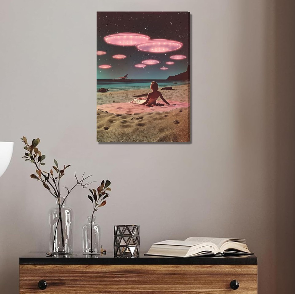 Ufo And Alien Encounter Canvas Wall Art Trippy Spaceship Beach Painting ...