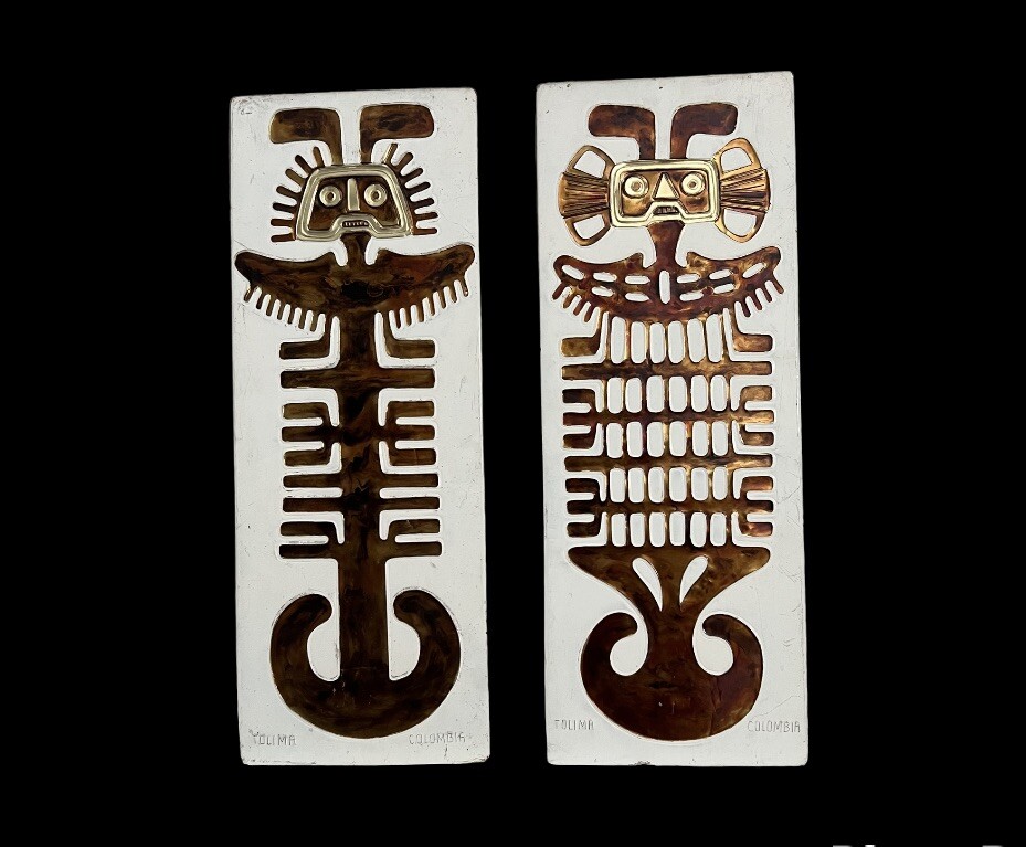 Two Large Tribal FIGURES Tolima Colombia Totems Etched Metal Wall ...
