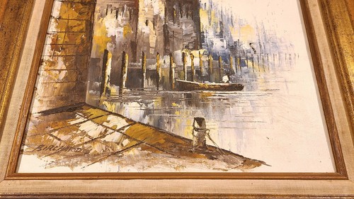 R BIRCHARD OIL PAINTING VINTAGE PARIS RIVER SEINE BOAT DOCK CAROLINE ...