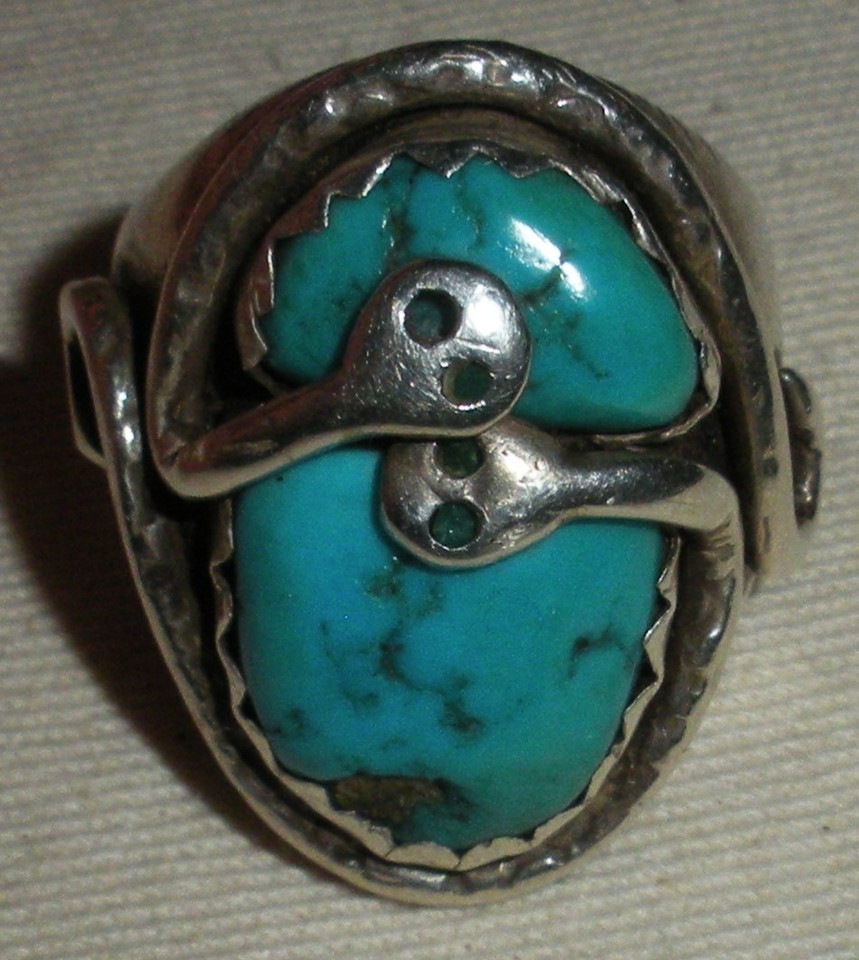 VINTAGE ZUNI EFFIE CALAVAZA SNAKE TURQUOISE STERLING SILVER RING SIZE ...