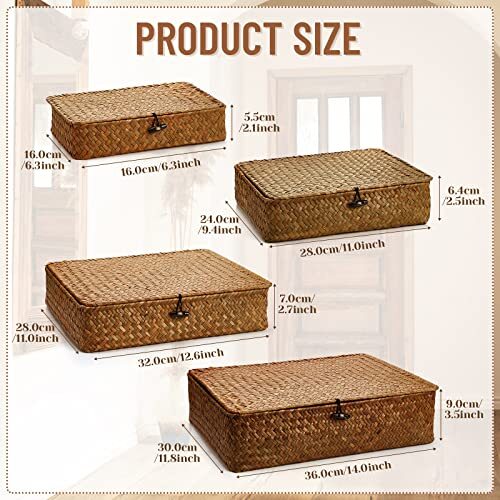 Set Of 4 Seagrass Basket With Lid Wicker Storage Basket Decorative ...