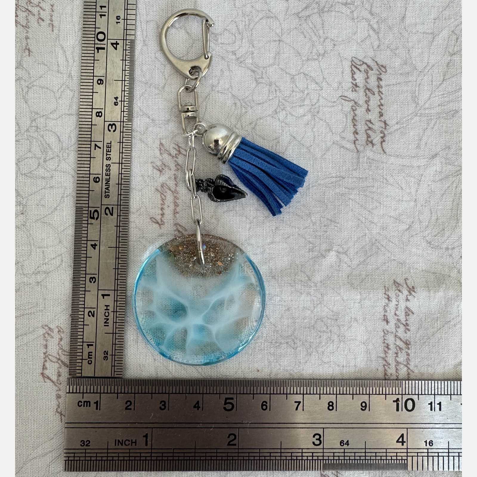 Water Ripple Resin Round Keychain with Blue Tassel and Conch Charm | eBay