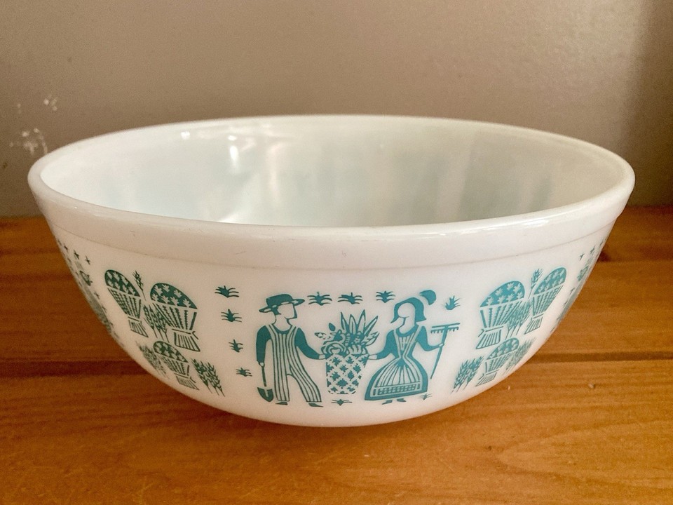 Vintage PYREX Mixing Bowl #404 Amish Butterprint Turquoise On White 4 ...