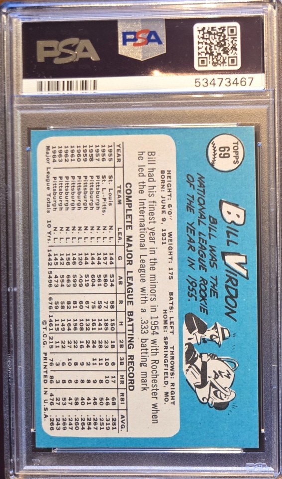 1965 Topps Bill Virdon #69 Pirates - PSA 9 MINT - Low Pop - Only 3 ...