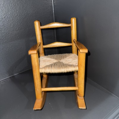 VTG 90s Doll or Teddy Bear Mini Ladder Back Rocking Chair Woven Rush ...
