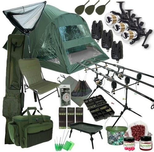 3 Rod Carp Set Up. 2 Man Double Skin Carp Fishing Bivvy Set. Rods Reels ...