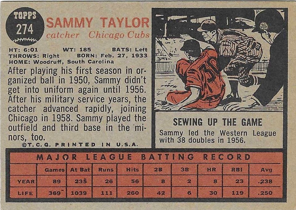 1962 TOPPS - #274 SAMMY TAYLOR (CUBS)!! GREAT CARD!! | eBay