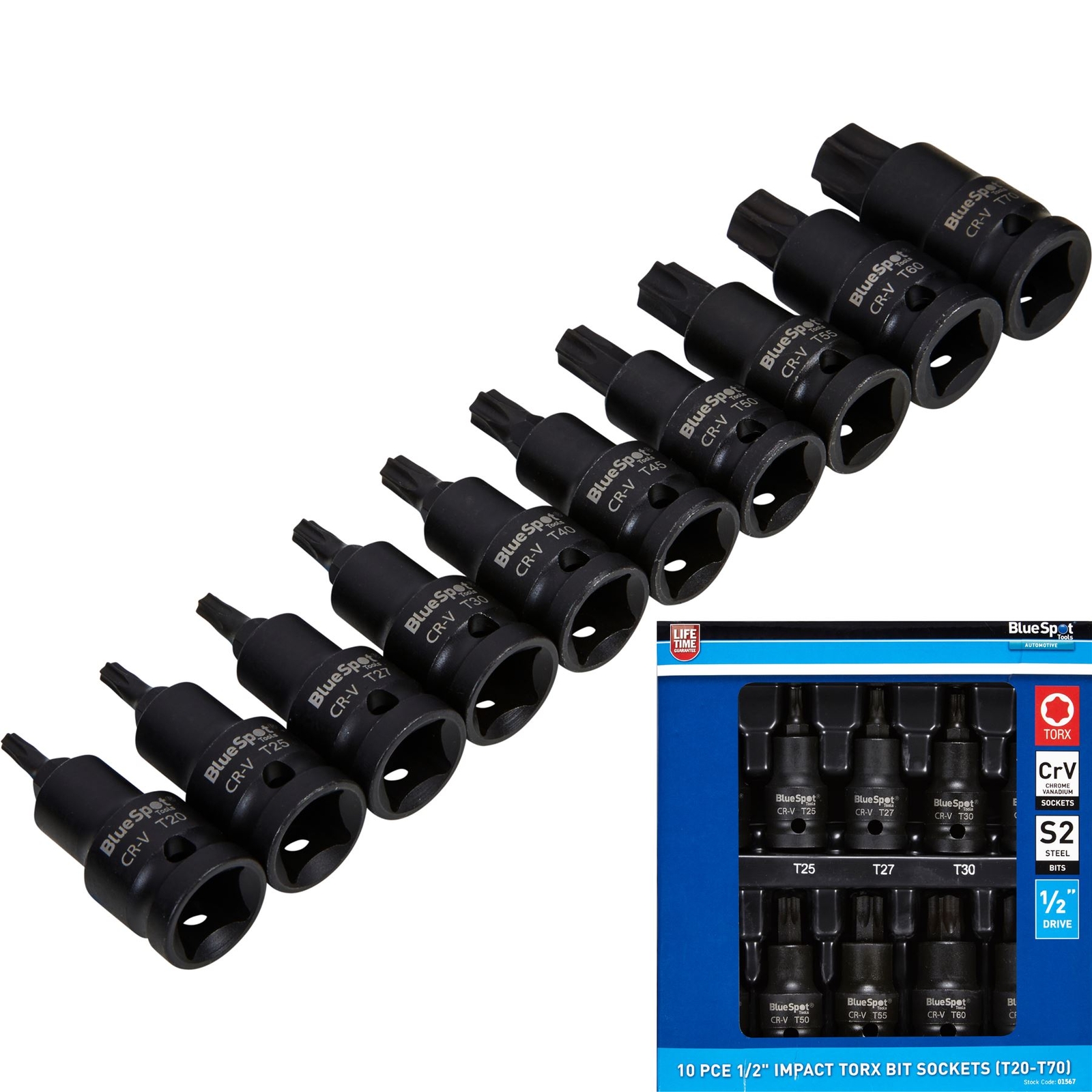 BlueSpot Impact Key Torx 1/2" Drive Bit Socket Set T20 - T70 Bits 10pc ...