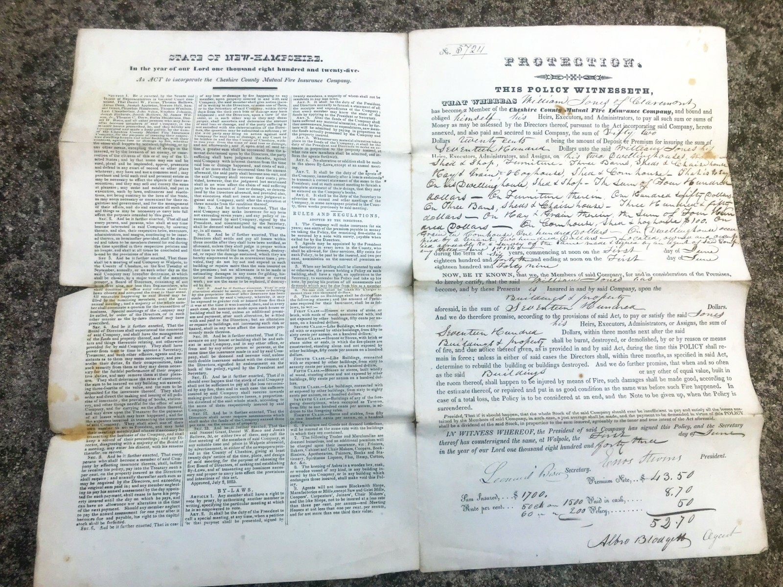 Antique Fire Insurance Policy Protection for House $1700 NH 1843 - A82 ...