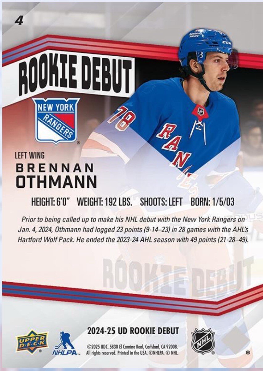 2024-25 Upper Deck UD Rookie Debut - Red #4 Brennan Othmann /99 (RC ...