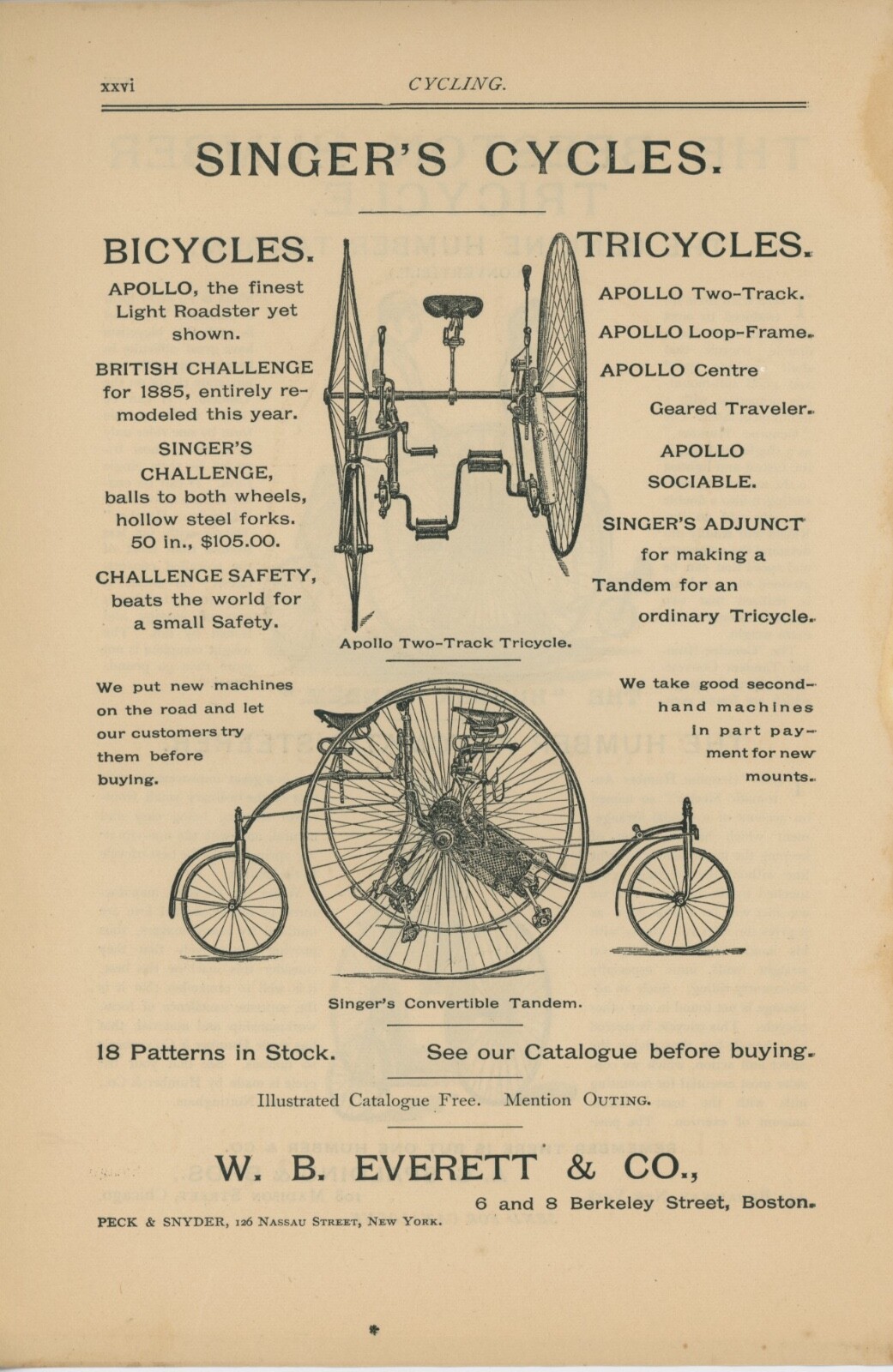 1886 Singers Cycles Ad Bike Tricycle Apollo Two Track Tandem W B ...