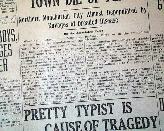 MANCHURIAN Pneumonic Infection PLAGUE Disaster - 1st Use of Masks 1911 Newspaper | eBay