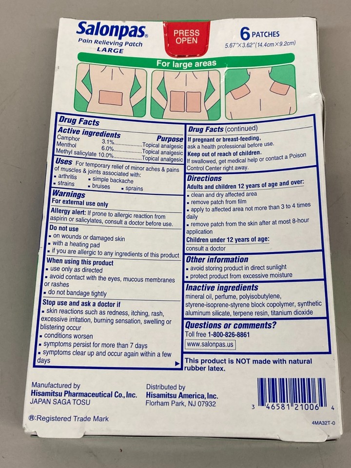 Salonpas Large Pain Relieving Patches, 6 Count, for Multi-Area Pain ...