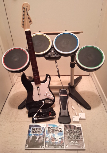 Wii Rock Band Bundle Set - Wireless Drums, Guitar W/ Dongles, Mic ...