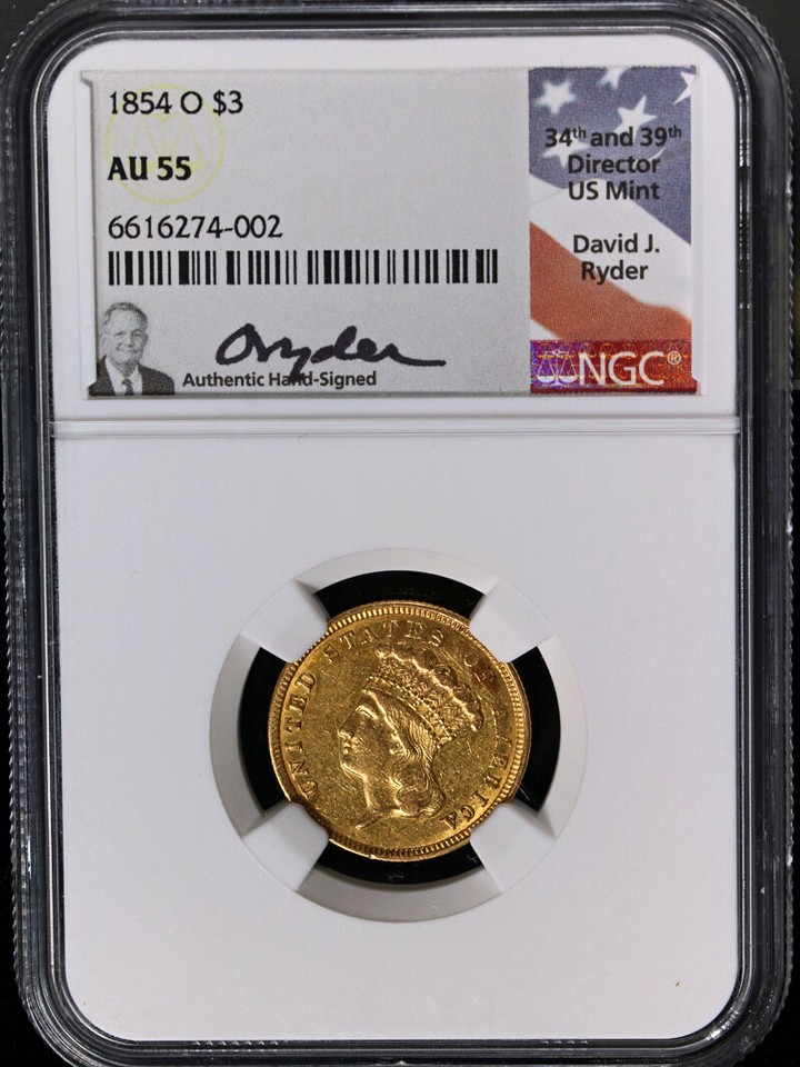 1854-O Indian Princess Gold $3 NGC AU55 Key Date Nice Eye Appeal Strong ...