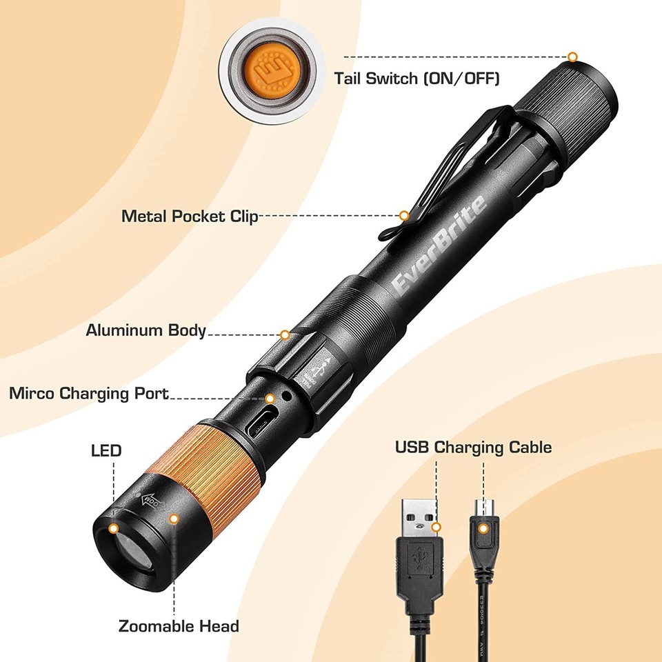 EverBrite Black/Gray Rechargeable Pen Light Zoomable Water Resistant ...