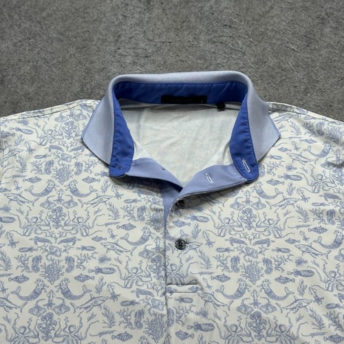 Greyson Polo Shirt Men L White Blue Ocean Fish Print Golf Performance ...