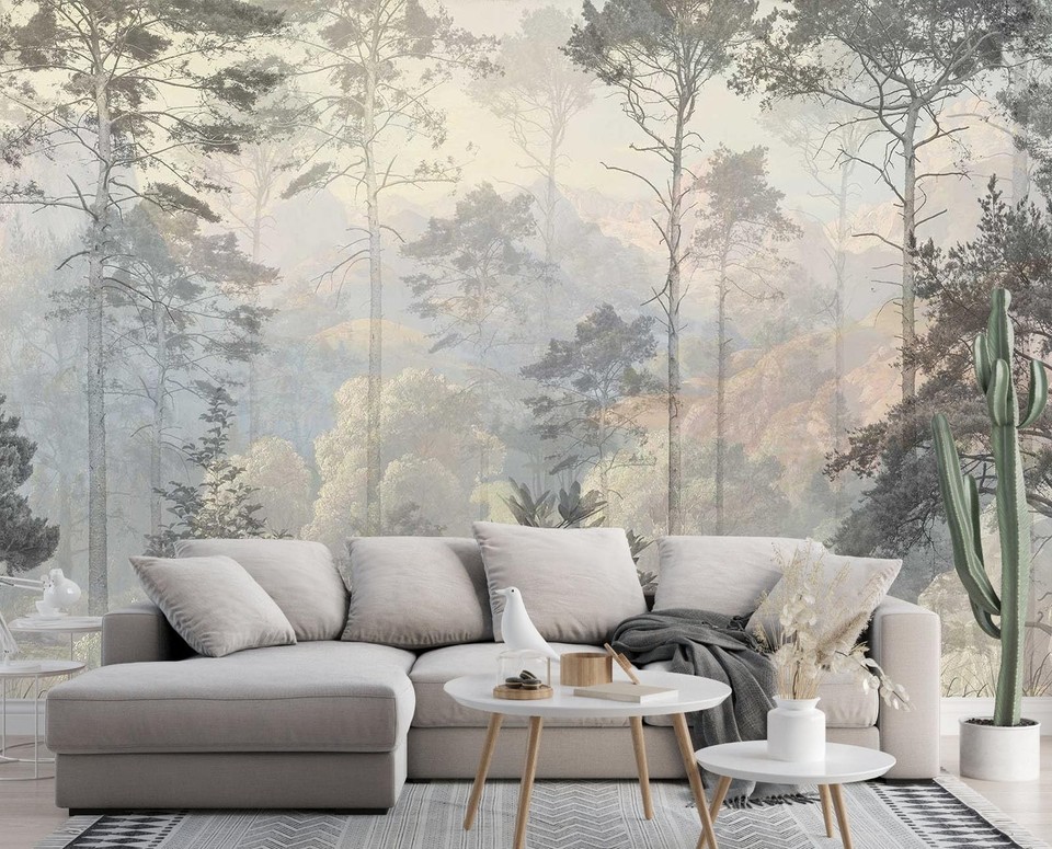 Hazy Forest Wall Mural, Abstract Nature Landscape Wallpaper, Background ...
