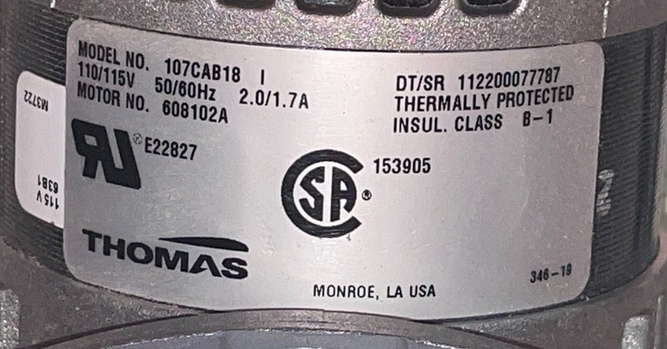 THOMAS 107CAB18 Compressor/Vacuum Pump 3/64 Hp, 115V AC, 1/8" NPT INLET ...