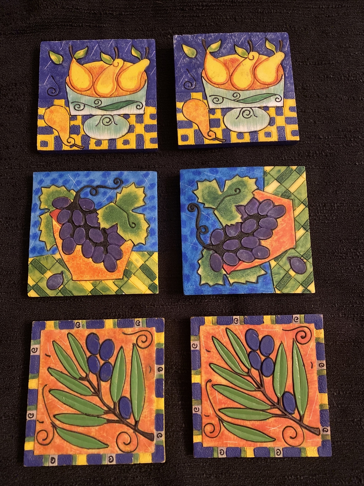 Sommelier Fun Under Glass Colorful Coasters Grapes Pears Olives Set Of ...