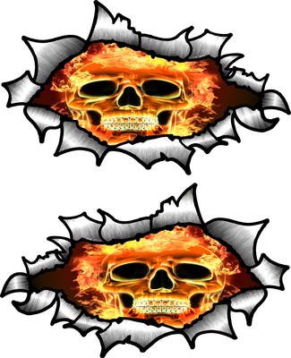 Small Pair Oval Ripped Torn Metal To Reveal Flaming Skull Fire car ...